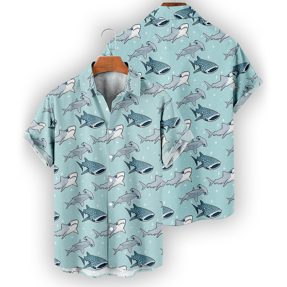 Shark Hawaiian Shirt – Cartoon Ocean Predator Print Button-Up | Tropi ...