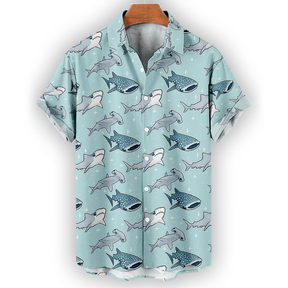 Shark Hawaiian Shirt – Cartoon Ocean Predator Print Button-Up | Tropi ...